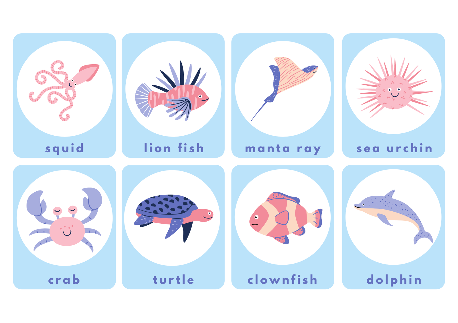 Sea Animals (1): Squid, Lionfish, Manta Ray, Sea Urchin, Crab, Turtle ...