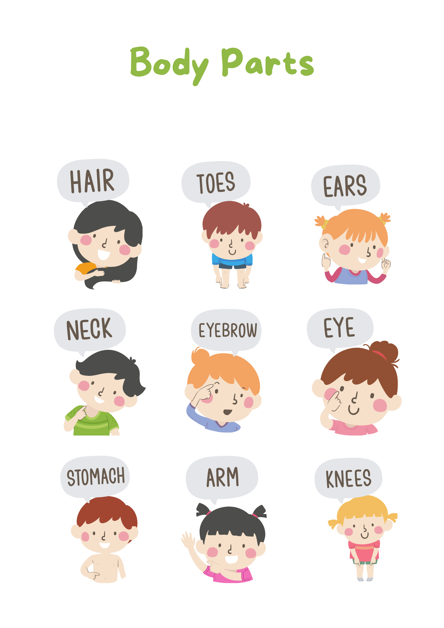Body Parts: Hair, Ears, Eyebrows, Eyes, arms And Knees - ENGLISH4ALL